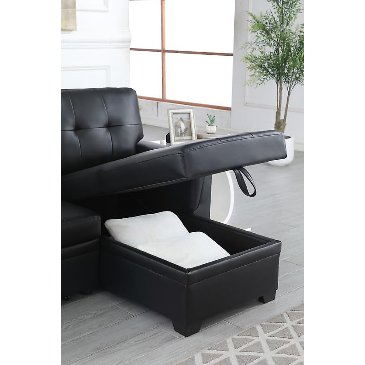 Lilola Home Lexi Black Synthetic Leather Modern Reversible Sleeper Sectional Sofa with Storage Chaise