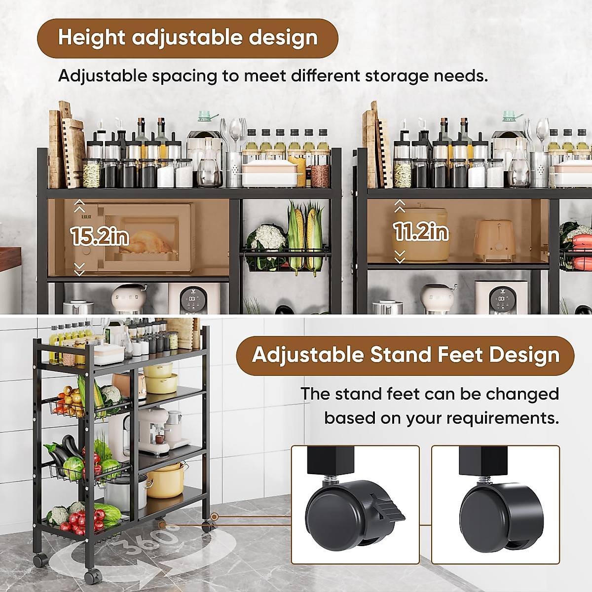 VZONE Storage Shelves, Adjustable 4-Tier Kitchen Organizers and Storage with 4 Wire Baskets, Metal Shelf Rack with Wheels for Kitchen, Pantry, Bathroom, Garage – Ideal for Kitchen Shelves