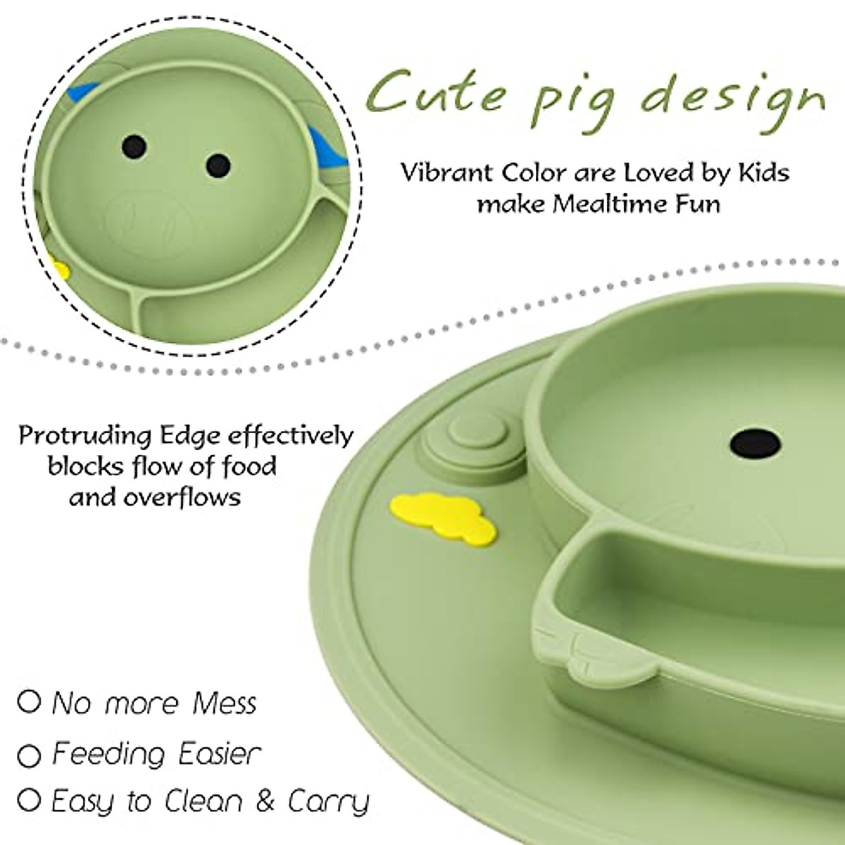 Baby Divided Plate Placemat Silicone- Portable Non Slip Child Feeding Suction Plate for Children Babies and Kids BPA Free Baby Dinner Plate Microwave Dishwasher Safe (Endive)
