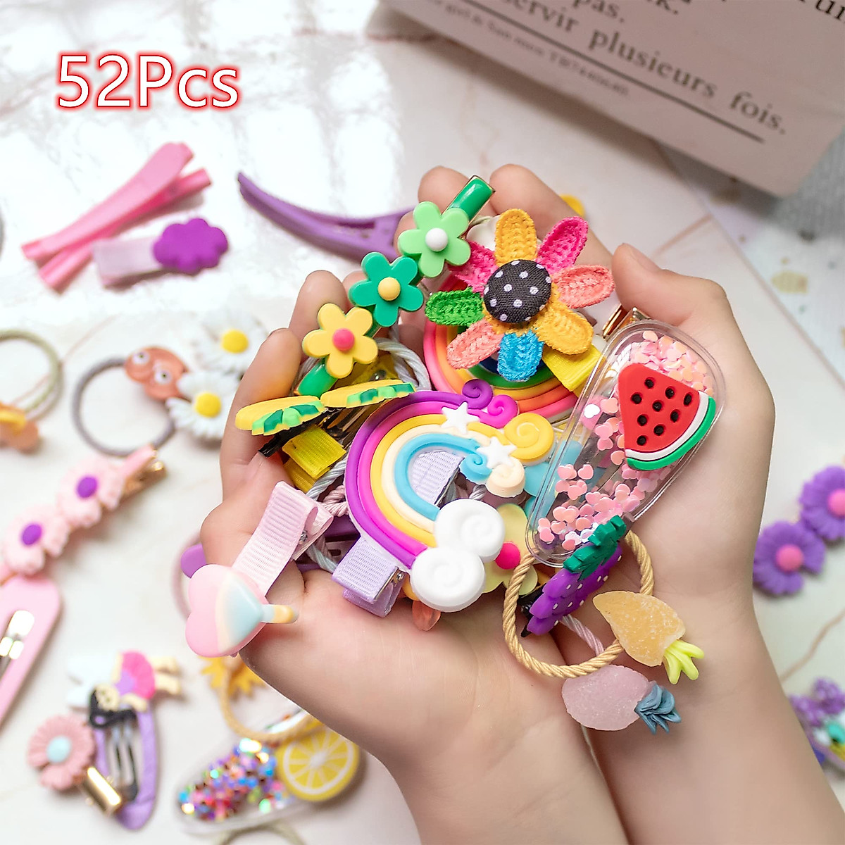 52Pcs Hairpin Candy-colored girls hair accessories,kids hair clips,toddler clips,rainbow hair clips,Flower Rainbow Candy Fruits Butterfly Cute Cartoon pattern.