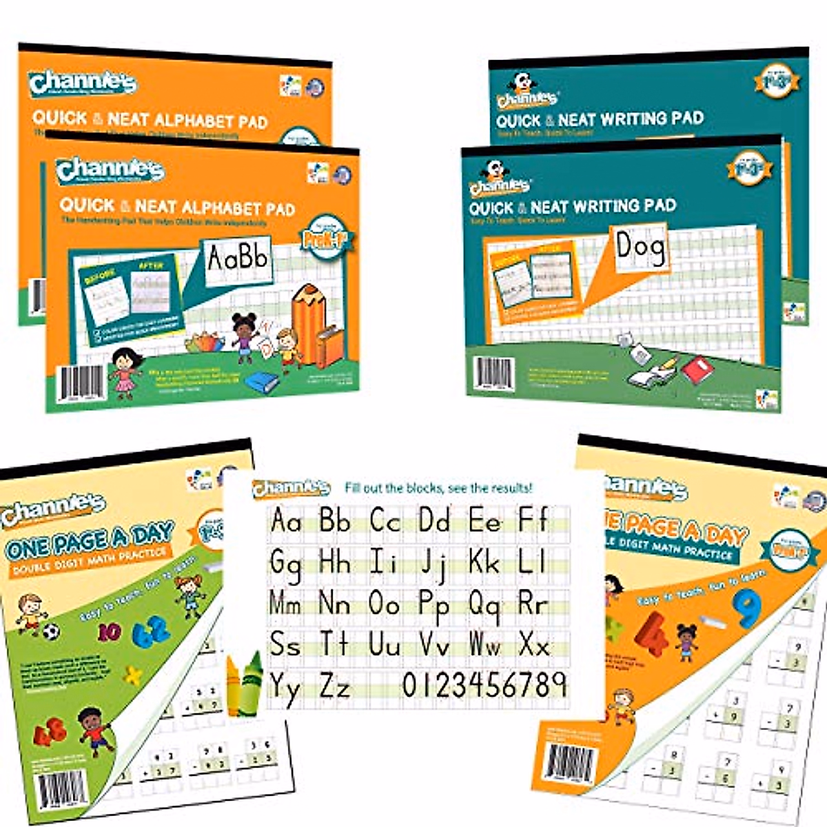 Channie’s Workbook Set for Pre-Kindergarten - 3rd Grade Elementary School Students, 4 Handwriting Pads & 2 Math Practice Workbooks (6 Pack)