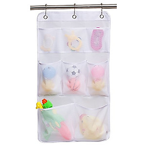 KIMBORA Mesh Shower Organizer Hanging Bathroom Caddy 8 Pockets Hang Curtain Rod with 3 Rings
