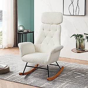 Wirrytor Modern Nursery Rocking Chair, Teddy Fabric Upholstered Glider Rocker Chair, Rocking Accent Chair with High Backrest Armchair Comfy Side Chair for Living Room Bedroom Home Offices(Teddy Beige)