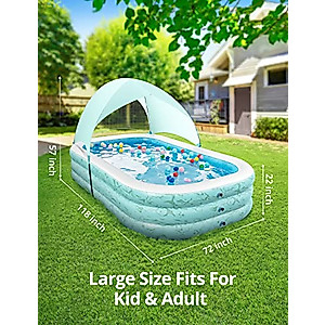Inflatable Swimming Pool, 118" x72" x22" Family Blow up Swim Pools with Sun Shade,UV30+ Sun Shelter , Rectangular Lounging Pool for Backyard, Garden, Adults, for Age 3+