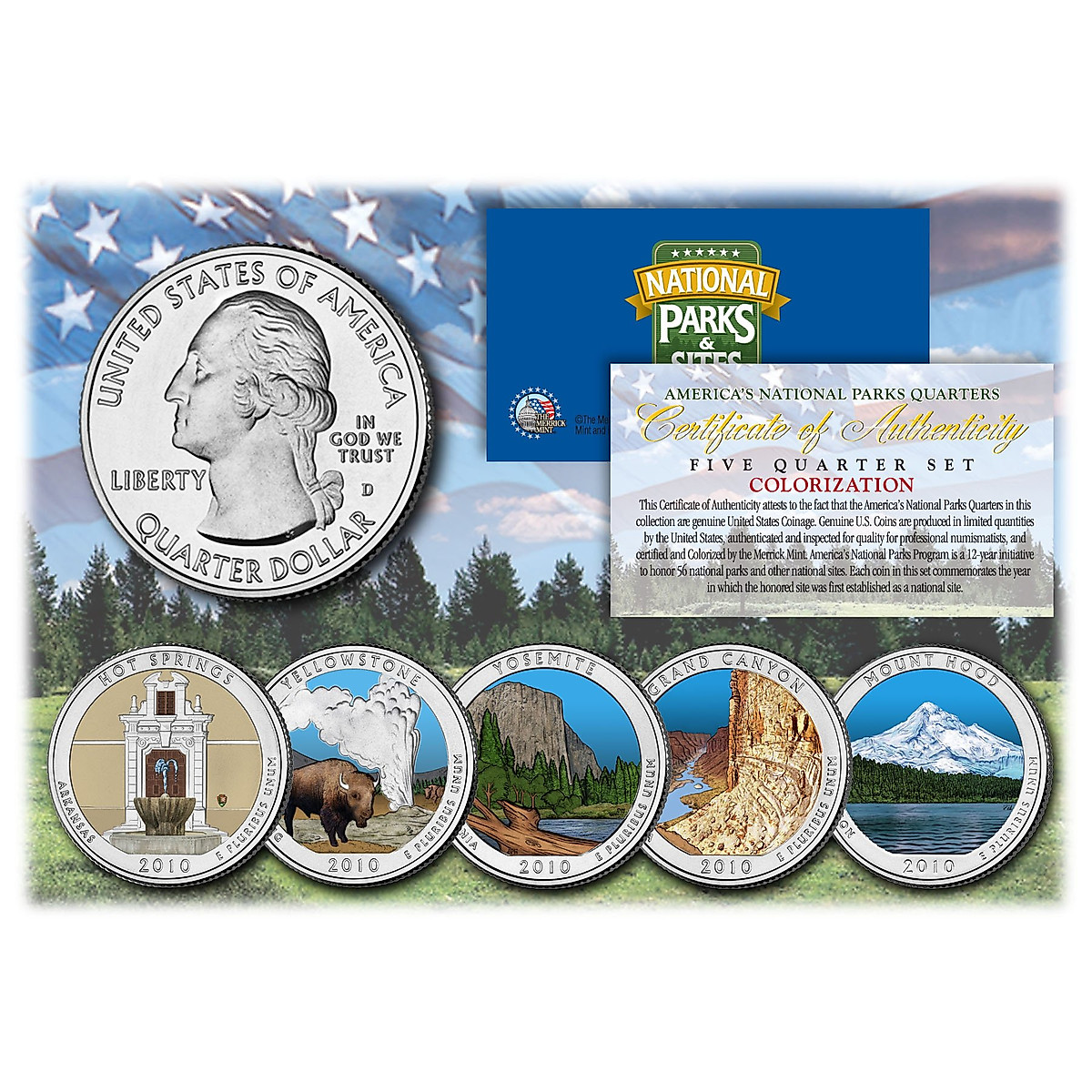 2010 America The Beautiful Colorized Quarters U.S. Parks 5-Coin Set w/Capsules