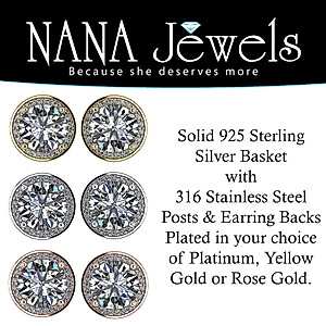 NANA Jewels Womens 925 Sterling Silver 7.5mm-3.00ct Rhodium Plated, Hypoallergenic Round Halo Stud Earring