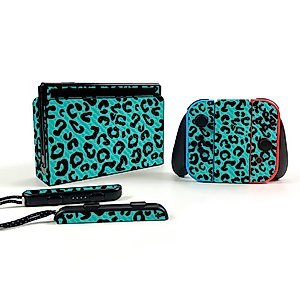 MightySkins Carbon Fiber Skin Compatible with Nintendo Switch OLED - Teal Leopard | Protective, Durable Textured Carbon Fiber Finish | Easy to Apply and Change Styles | Made in The USA