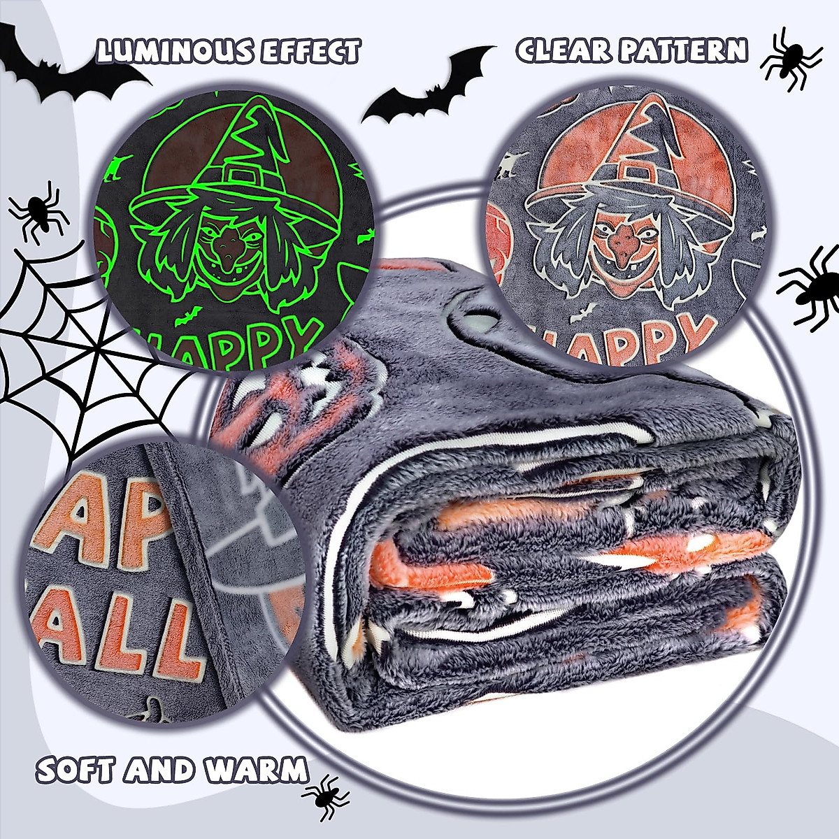 IEOEO Witchy Halloween Blanket Glow in The Dark Blanket for Kids Women Adults Pumpkins Halloween Decorations for Bedroom