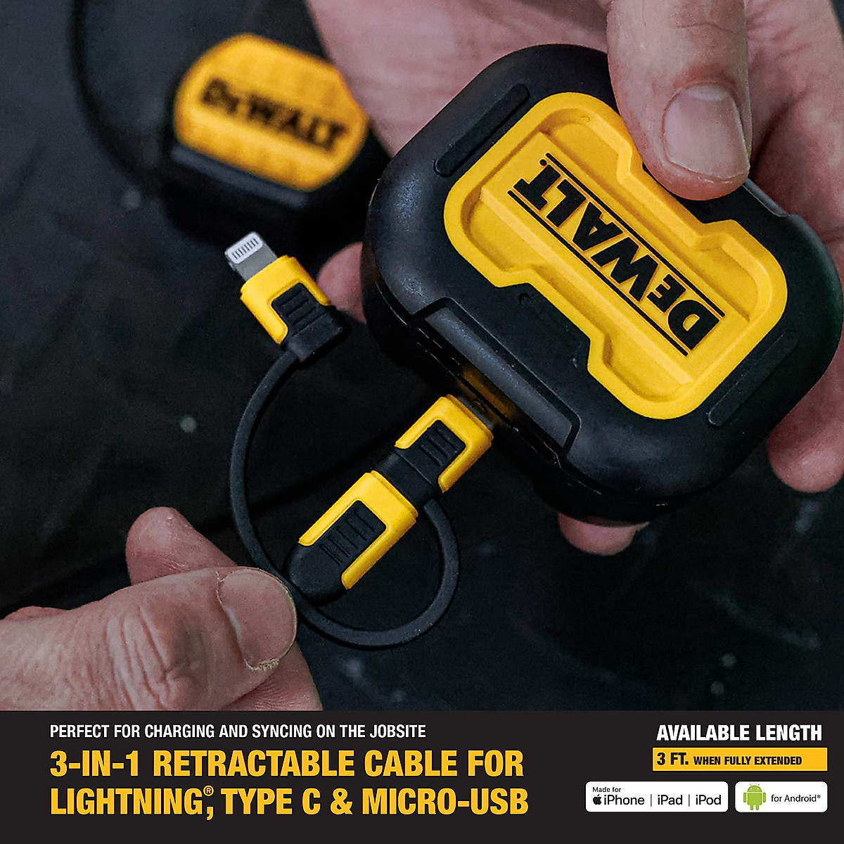 DEWALT 3 in 1 Retractable Multi Charging Cord, 3ft Fast Charger Cord, Multi Charger Adapter with Lightning/Type C/Micro USB Port for iPhones/Samsung Galaxy/PS/Tablets/More