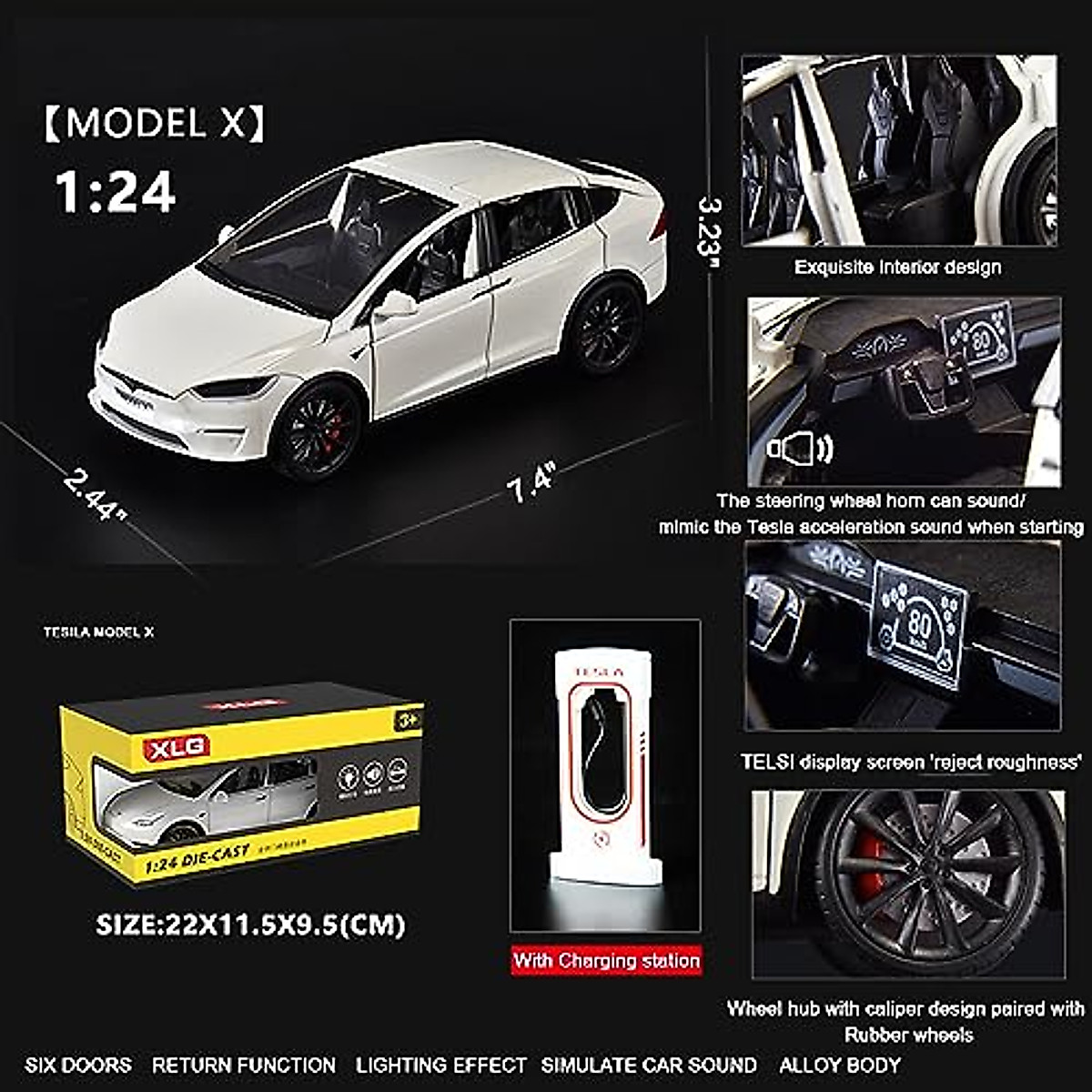 1:24 Scale Model X Alloy Car Model Diecast Toy Vehicles for Kids, car Model X Gull Wing Door，Pull Back Alloy Car with Lights and Music,Gifts for Boys and Girls (White)