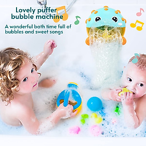 Bathtub Bubble Machine, Bath Bubble Maker Automatic Bath Toy for Baby Toddler Kids, Puffer Shape with Music, Bathroom Blowing Bubbles Funny Gift for Boys and Girls (Globefish Blue)