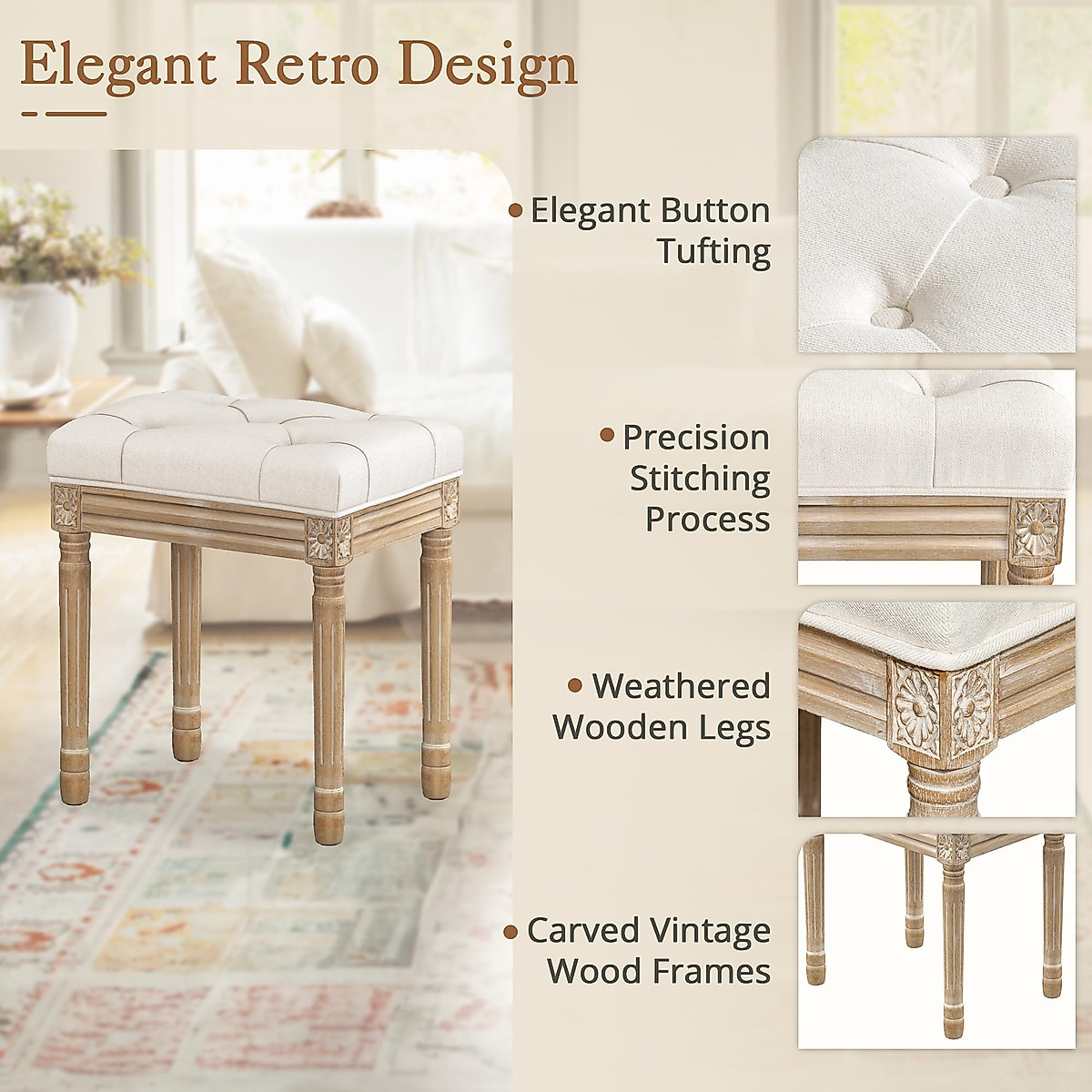 LUE BONA Upholstered Fabric Vanity Bench Seat, Makeup Stools for Vanity, Square Tufted Ottoman Bench with Carved Wood Color Legs for Bedroom Living Room, Beige