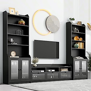 P PURLOVE Entertainment Wall Unit with Tall Cabinets, Modern TV Console Table for TVs Up to 65" with Acrylic Board Door, Multifunctional TV Stand Set for Living Room (Black)