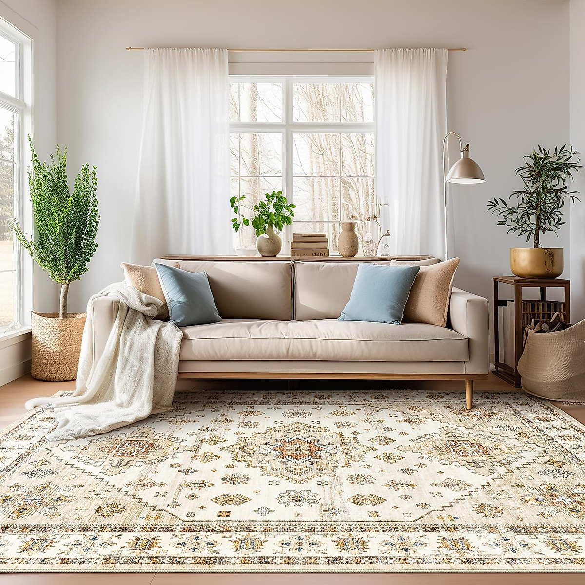 Roxstand Washable Rugs 8x10, Ultra-Thin Non-Slip 8x10 Area Rugs for Living Room, Soft Vintage Large Area Rug, Foldable Farmhouse Bedroom, Dining Room Rug (Light Brown/Beige, 8'x10')