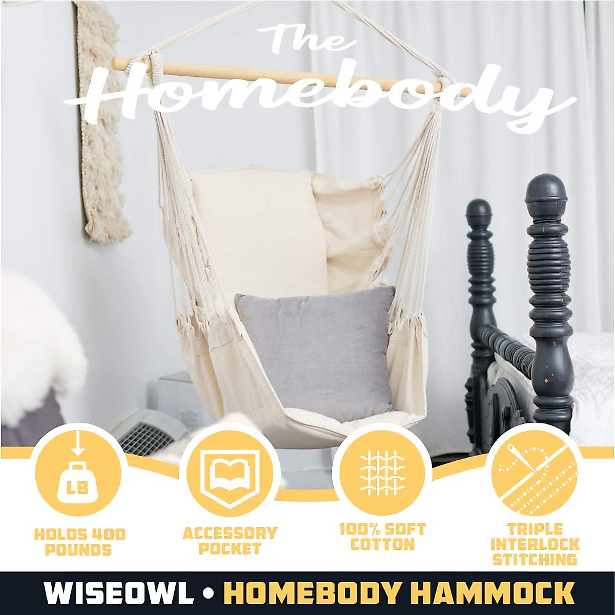 Wise Owl Outfitters Hammock Swing Chair - Boho Cushioned, Swinging, Hanging Chair for Backyard, Bedrooms, Patio, Indoor, Outdoor, Kids & Adults White