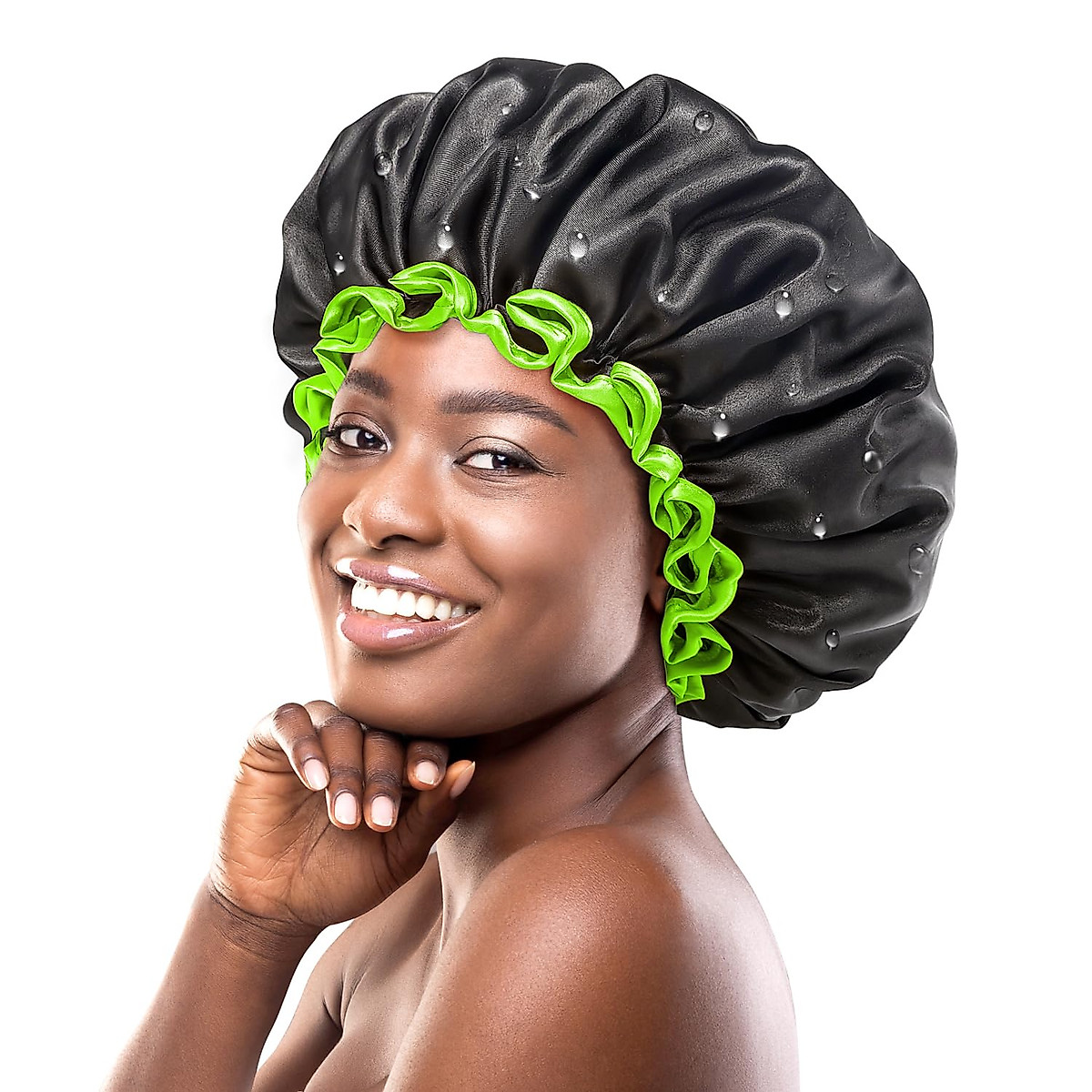 mikimini Extra Large Black Shower Cap for Women and Men Thick Long Hair Braids, Reusable Waterproof Double Layers XL Bathing Hair Caps with Vibrant Green Edge (Black)