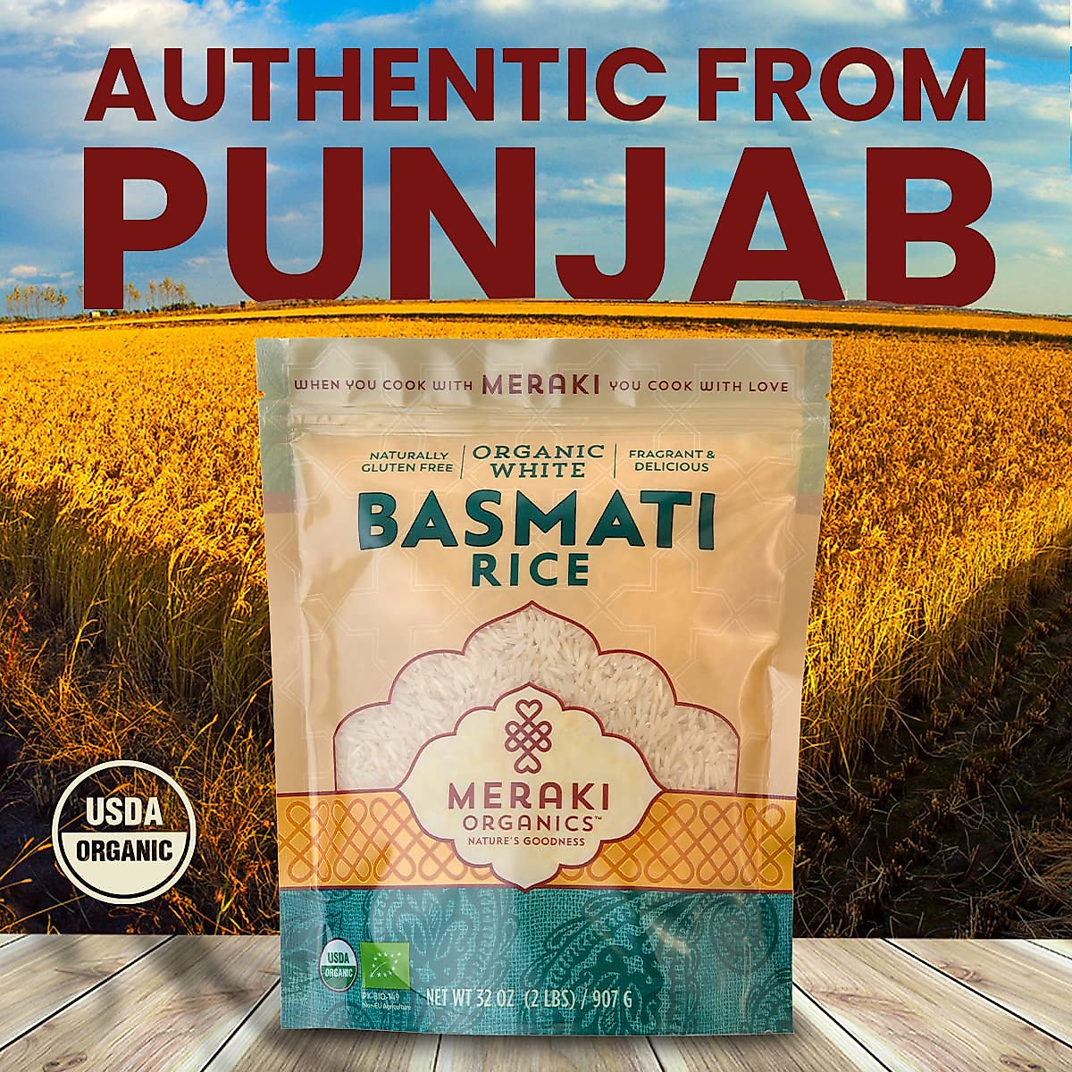 Meraki Organic White Basmati Rice 2 LB Bag - Pleasant Aroma, Thin, Extra Long Separated Fluffy Texture - Authentic Rice from Punjab, 100% USDA Certified Organic, Gluten-Free, Non-GMO, Vegan, Halal Kosher Low Sodium & Delicious No Artificial Flavors