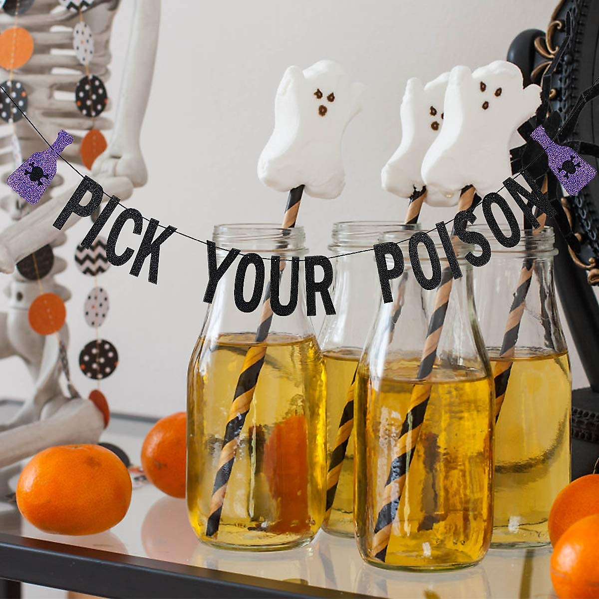 Black Glitter Pick Your Poison Banner Potion Bar Banner, Pick Your Poison Sign Halloween Party Banner for Haunted Mansion Home Halloween Hocus Pocus Party Decorations