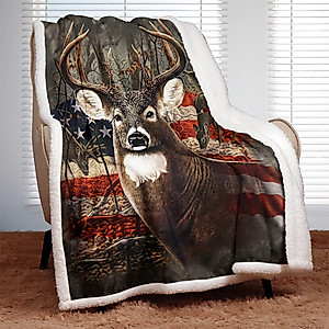 HommomH Deer Sherpa Blanket 50"x 60" American Flag Deer Blankets Super Soft Fuzzy Thick Warm Fleece Throw for Man Bed Couch