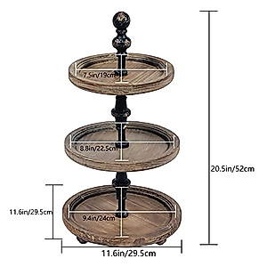 Distressed Round Three Tiered Tray Fall Decor, Handmade Farmhouse Tiered Tray with Stand Metal Strut, Rustic 3 Tier Wood Serving Tray for Party Wedding Home Organization