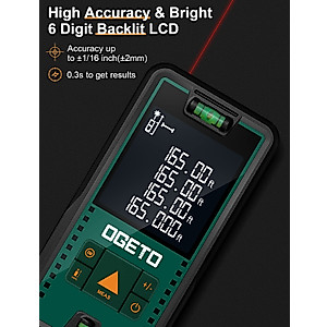 Laser Measure, Ogeto 165 Feet Digital Laser Distance Meter with 2 Bubble Levels,M/in/Ft Unit Switching Backlit LCD and Pythagorean Mode, Measure Distance, Area and Volume
