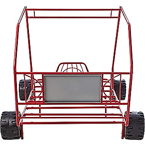 AOCHUANG Metal Twin Car Bed Gunmetal Go Kart Bed, Twin Size Bed Frame with A Racing Flag Decor Headboard/Metal Tube Slat Support/No Box Spring Needed (Red Go Kart)