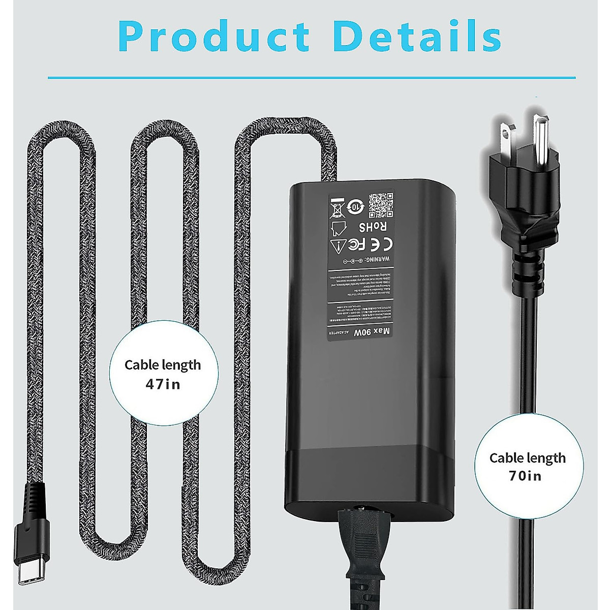 90W Type C Laptop Charger, Universal 20V 4.5A Chromebook Adapter for Dell Latitude 5420 5520 7420 5400 7300 7389 5430 5530 7430 7390 ; Dell XPS 13 12 9320; Precision 5530 2in1, 3540, 3550, 5550, 5750