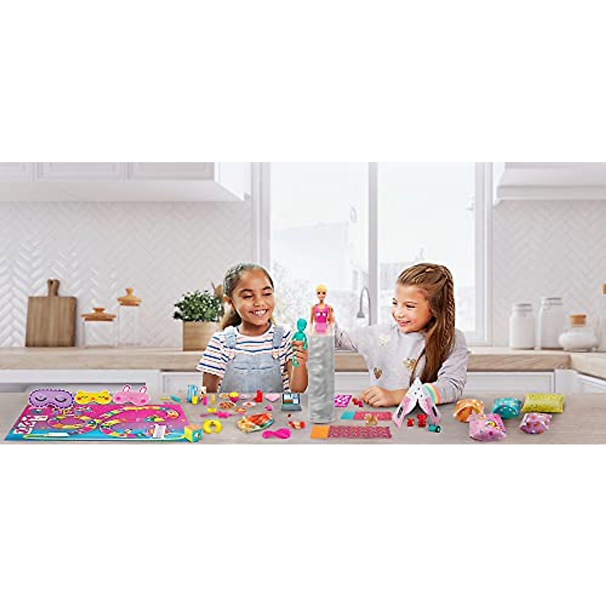 Barbie Color Reveal Set with 50+ Surprises Including 2 Dolls, 3 Pets & 36 Slumber Party-Themed Accessories; Water Reveals Dolls’ & Pets’ Looks & Creates Color Change on Certain Pieces; 28 Mystery Bags