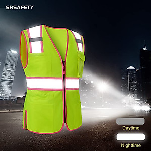 SRsafety Safety Hi-Vis Vest For Women, High Visibility Reflective Breathable Vest For Lady, Durable Zipper ＆ Multi Pockets green S