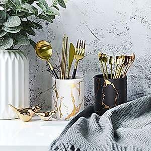 Pen Holder for Girls, WAVEYU Stand for Desk Marble Pattern Pencil Cup for Kids Ceramic Desk Organizer Makeup Brush Holder for Daily Use in Office, Classroom, Home, Black-Golden Marble