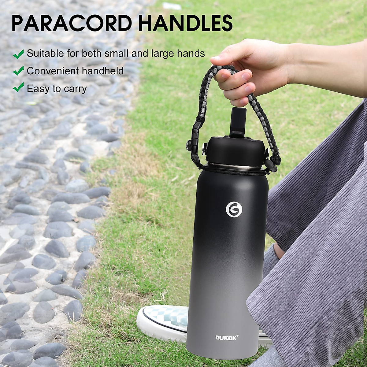 40 Oz Insulated Water Bottle With Straw & Paracord Handles & 3 Lids, Leak Proof Metal Water Jug, Hot Cold Stainless Steel Thermal Water Bottles, Half Gallon Large Water Flask for Sports, Gym