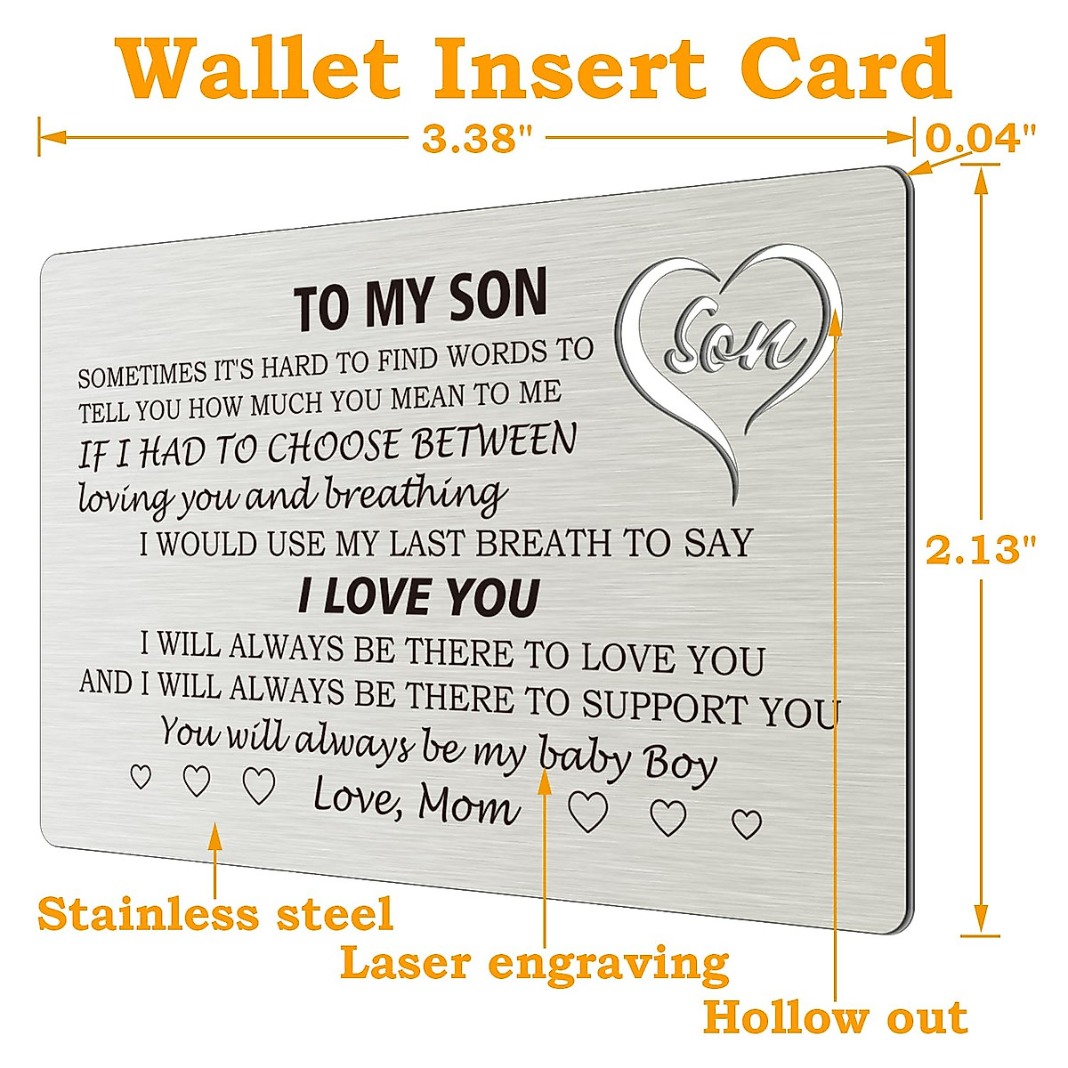 CINRLLA Son Engraved Wallet Card Gifts, Son Birthday Card Gifts, College Graduation Gifts for Son, Wedding Anniversary Christmas Gifts from Mom to Son, WCD04