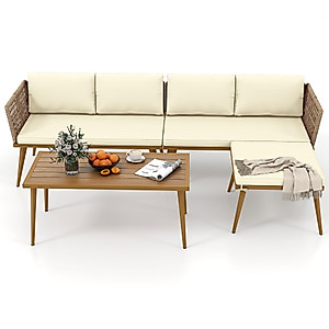 DWVO 4 Pieces Patio Furniture Set, Sectional L-Shaped Sofa for Patio Backyard Poolside Porch, All-Weather Rattan Woven Conversation Set Detachable Lounger with Side Table & Cushions (Beige)