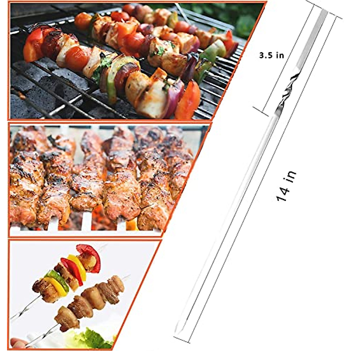 20 Piece Kebab Flat Metal Stainless Steel Skewers, BBQ Skewers, Reusable BBQ Skewers, Good for Sausage Chicken Vegetable Kebab - 14" (stainless steel)