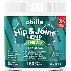 Obille Hip & Joint Hemp for Dogs 160 Chews 12oz – Joint Supplement for Dogs, Stimulates Bone Growth, Restores Cartilage, May Helps Reduce Stiffness & Pain Levels