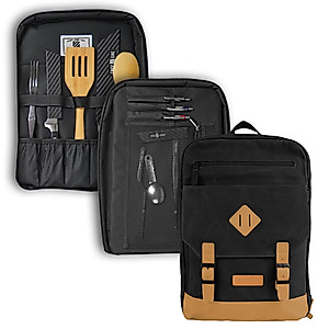 Chef Sac Elite Chef Knife Bag | Vintage Waxed Canvas Daypack | 20+ Pockets for Knives & Tools | Slots for Cleaver & Honing Rod | Water Resistant Material | Knife Organizer for Chefs (Black)