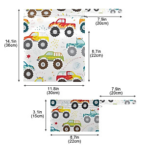 Kids Doodle Monster Truck Wet Dry Bag Reusable Diaper Wet Bag for Swimsuits Waterproof Wet Dry Organizer with Two Zippered Pockets Handle for Dirty Cloth, Swimsuit