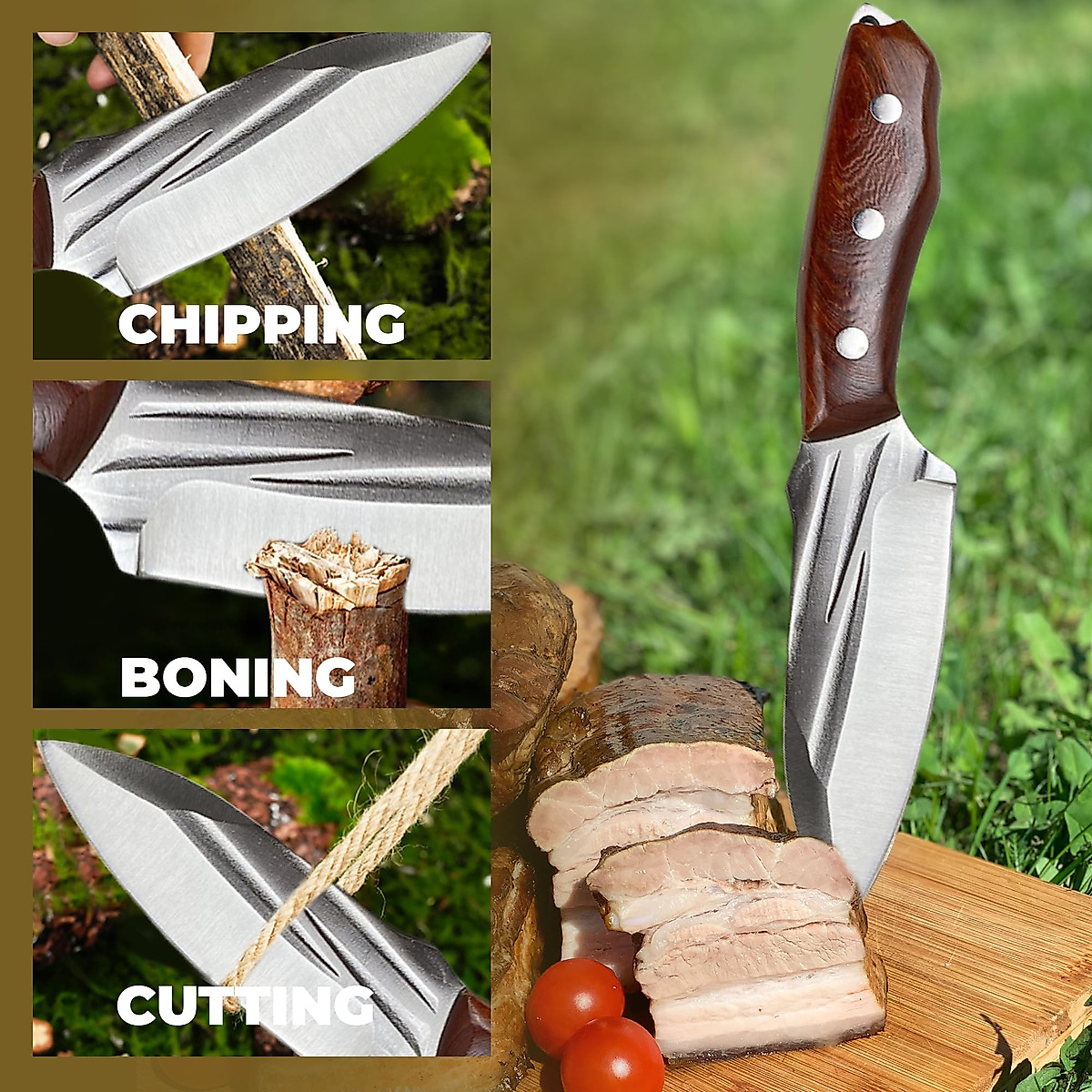 AOSILEY Pocket Fixed Blade Knife with Wood Handle and Leather Sheath for Camping, Outdoor Hunting,Tactical, Survival and EDC