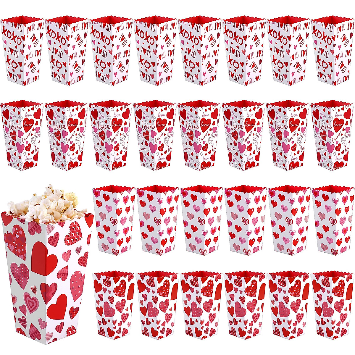 MIMIND 32 Pieces Valentine's Day Popcorn Boxes Love Heart Conversation Treat Candy Goodie Boxes Cardboard Popcorn Container for Valentine Wedding Birthday Party Supplies, 4 Designs