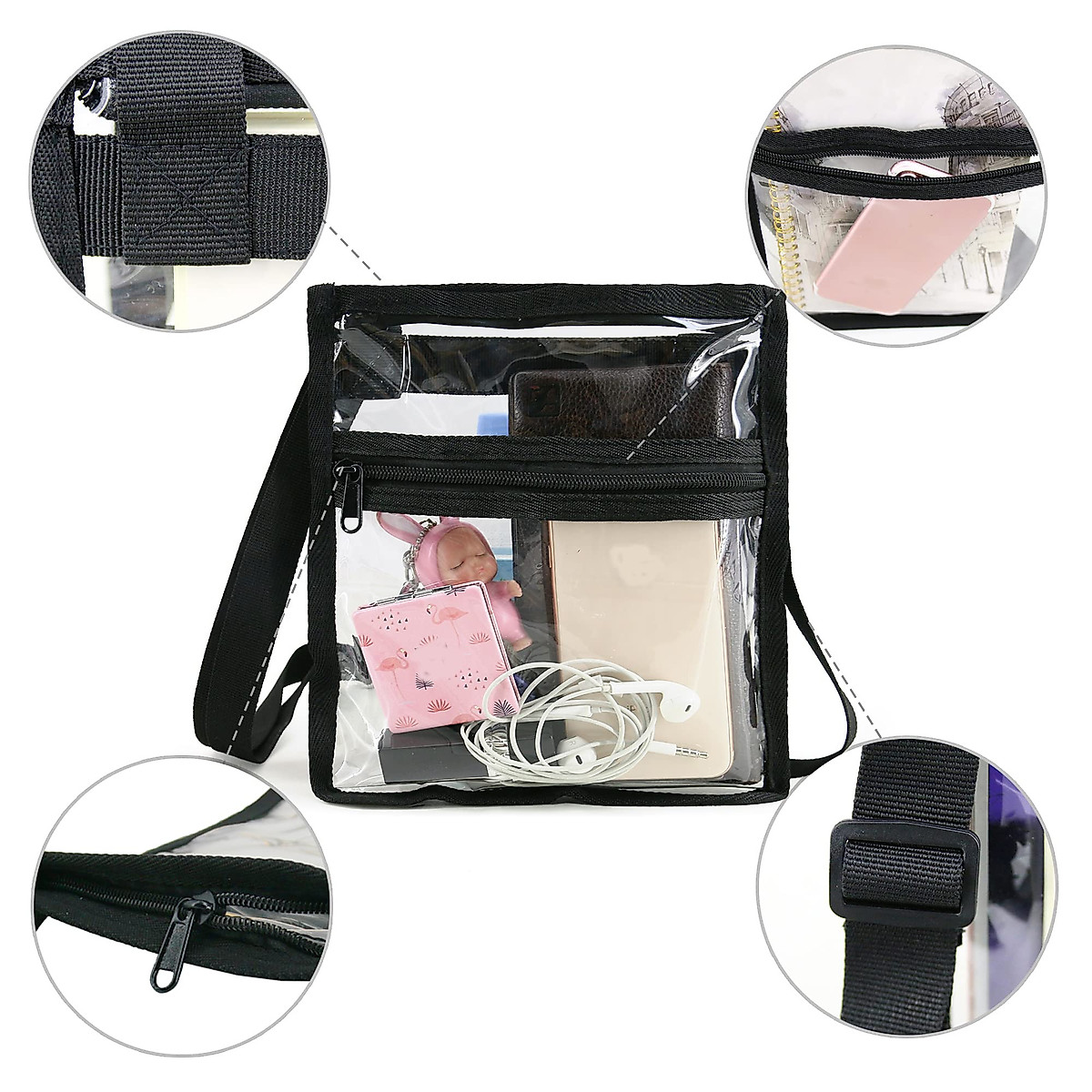 BeeGreen Black Clear Bag Stadium Approved Small Clear Purse with Extra Pocket for Women & Men,Clear Crossbody Purse for Concert, Sporting Events,Clear Messenger Bag w Long Strap for College Gift