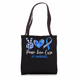 Peace Love Cure Blue & White Ribbon ALS Awareness Month Tote Bag
