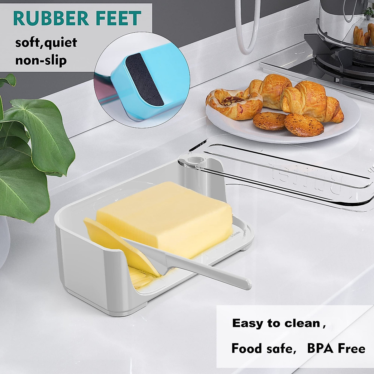 Butter Dish with Lid and Knife,Butter Container with 180° Rotating Sealing Flip-Top,Butter Keeper for Countertop or Fridge,Plastic Butter Holder Container, BPA-Free, Freezer Safe, Hand Wash (White)