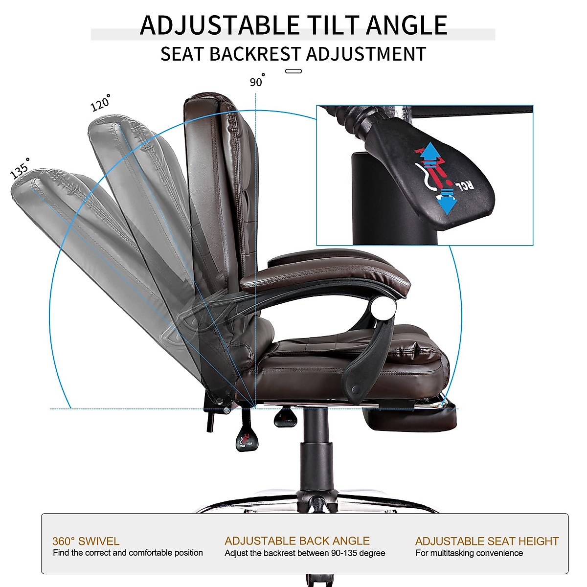 BXCSMFA Executive Office Chair Black Leather Reclining Office Chair with Footrest, Ergonomic Massage Office Chair Comfortable Adjustable Computer Task Rolling Chair (Amber Massage Executive Chair)