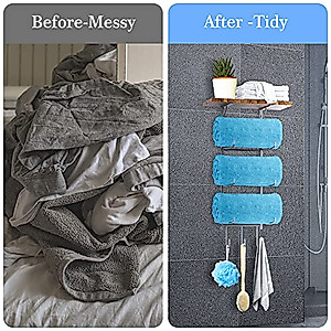 Towel Racks for Bathroom Wall Mounted,Wall Rack for Rolled Towels with 3 Hooks and Wood Shel, Metal Bath Towel Holder Organizer for Rolled Bath Towels, Hand Towels, Washcloths in Small Bathroom/Camper