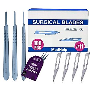 MEDHELP Pack of 100 Disposable Surgical Blades 11 and Pack of 3 Scalpel Handle #3 - Size 11 Scalpel Blades for Surgical Knife Scalpel, High Stainless Steel Dermablade Surgical Blades