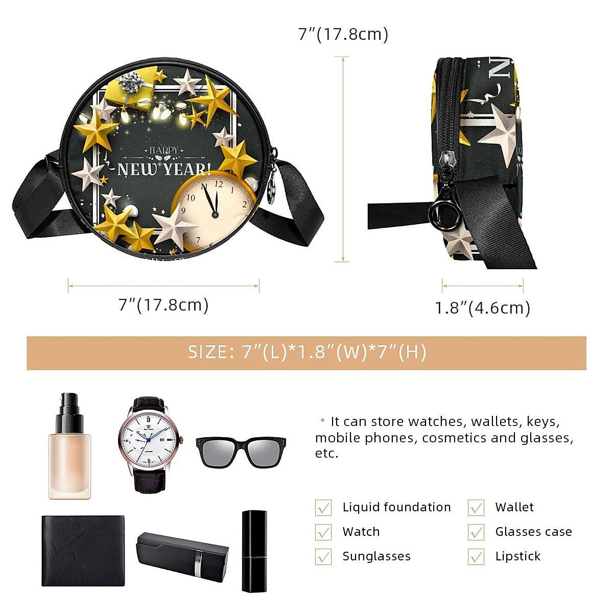 Christmas Golden White Stars Box Clock Patten Crossbody Bag for Women Circle Purse Shoulder Handbag Wallet Crossbody Purse Bag