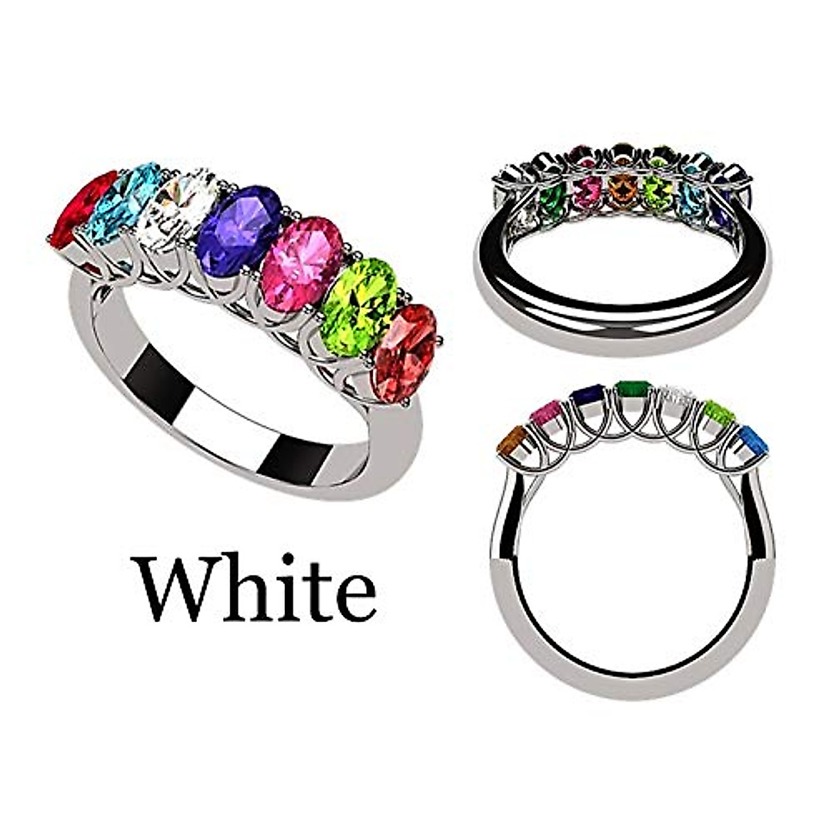 Central Diamond Center Oval Cut Lucita Mothers Birthstone Ring w/ 1 to 7 Simulated Birthstones - Sterling Silver-Size 10