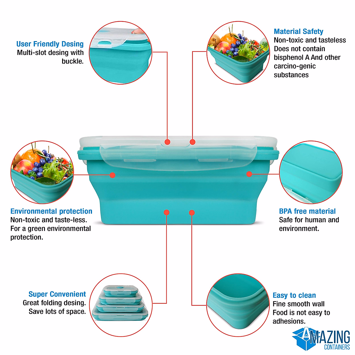 Collapsible Silicone Food Storage Container Set of 4 with Lids | Stackable - Space Saving | Microwaveable | Freezer, Dishwasher Safe| BPA Free|Collapsible Leftover or Meal Prep Lunch Box Containers