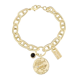 GOVENUS Astrology Zodiac Sign Pisces Bracelet,14K Gold Plated Brass Antique Coin Pendant And Onyx Charm With 7 Inches Adjusted GICCI Chain,Perfect Gifts For Womens