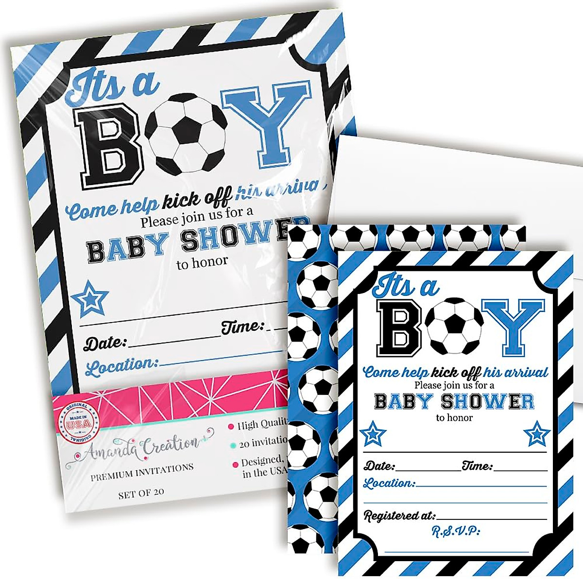 Blue & Black Kick Off His Arrival Soccer Themed Baby Sprinkle Baby Shower Invitations for Boys, 20 5x7 Fill In Cards with Twenty White Envelopes by AmandaCreation